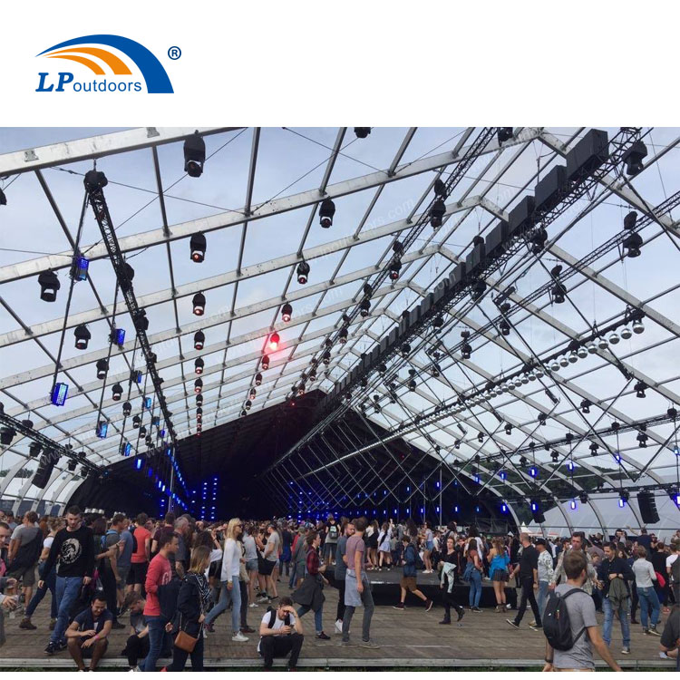 Curved style temporary stadium tent for concert or sports court